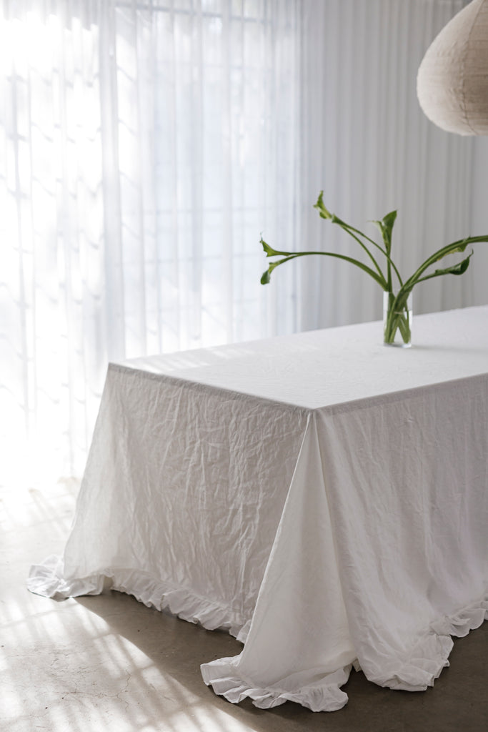 Ruffled White French Linen Tablecloth | For Love & Living